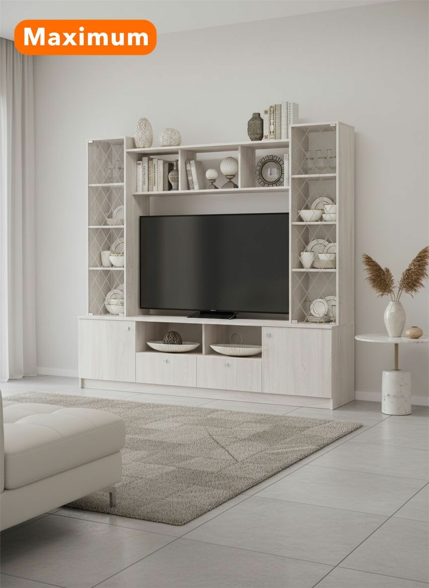 Стенка в гостиную Зарина ЦС-01, Ясень белый, 200.2х191х53.4 см.