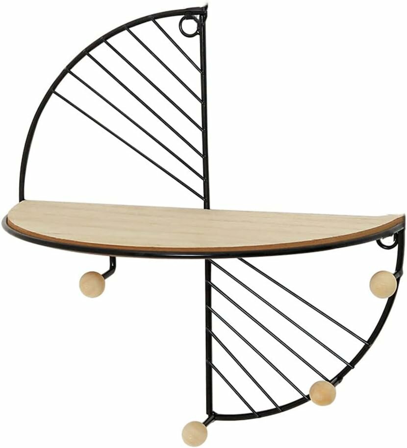 Полукруглая настенная полка с крючками, золотой металл, деревянная основа, идеальна для прихожей и гостиной