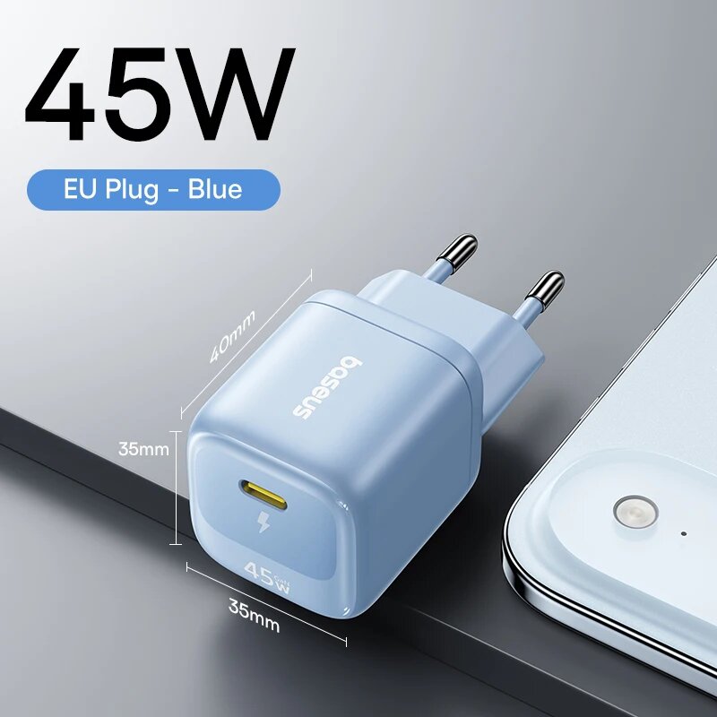 Зарядное устройство Baseus 45W GaN для iPhone 17 16 15 Pro Max, Samsung Galaxy, быстрое Blue EU Plug