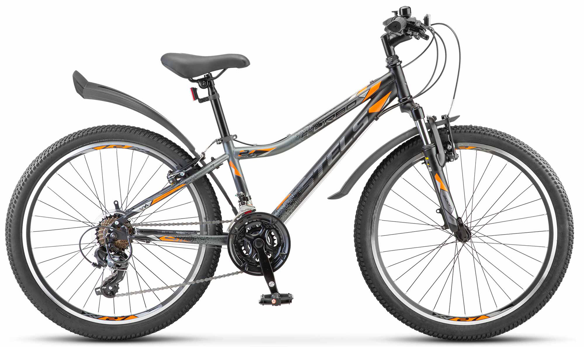 Подростковый велосипед Stels Turbo 410 V Z010 (2025) 24 Черно-серо-оранжевый (125-140 см)