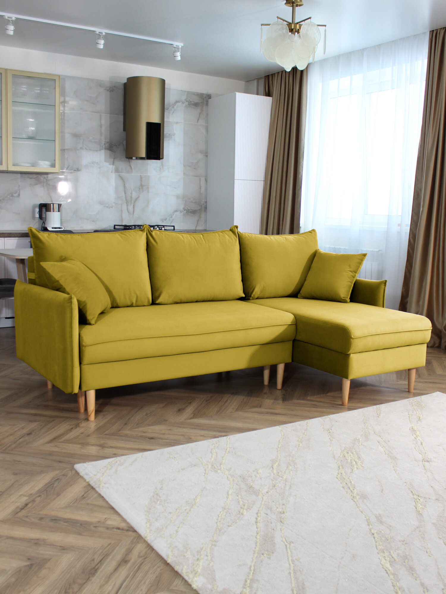 Диван-кровать угловой Фьорд с оттоманкой желтый, правый угол, механизм Тик-так, 216 х145х95 см