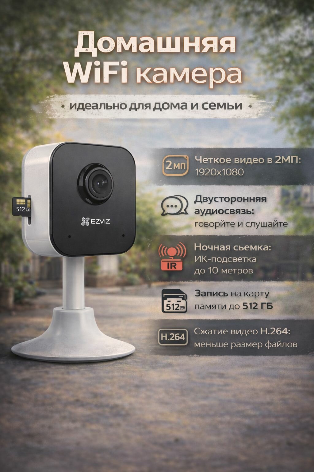 Видеокамера Wi-fi внутренняя 2 мегапиксельная H1C