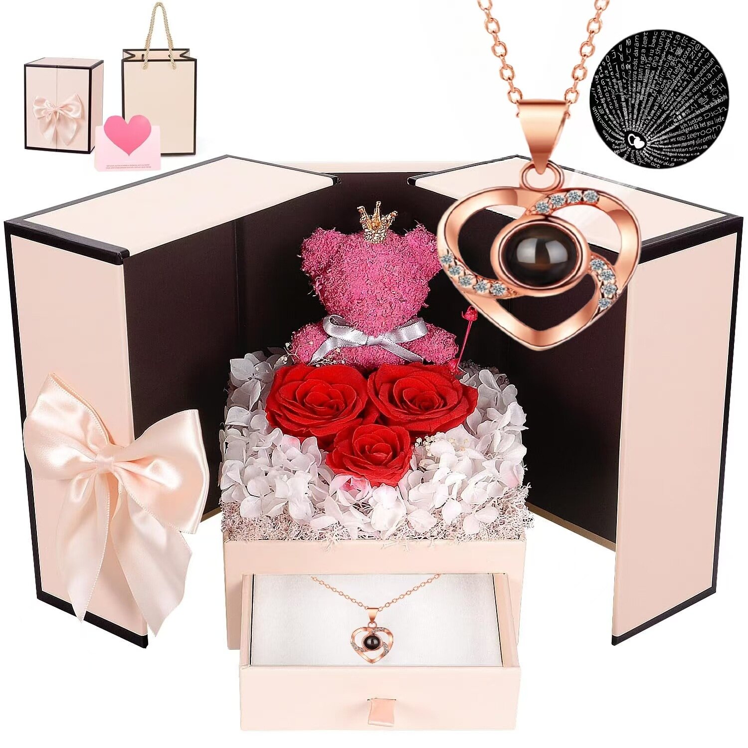 Подарочный набор, колье из розового золота + двухдверный розовый мишка, подойдет для подруг, мам, бабушек или родственников.