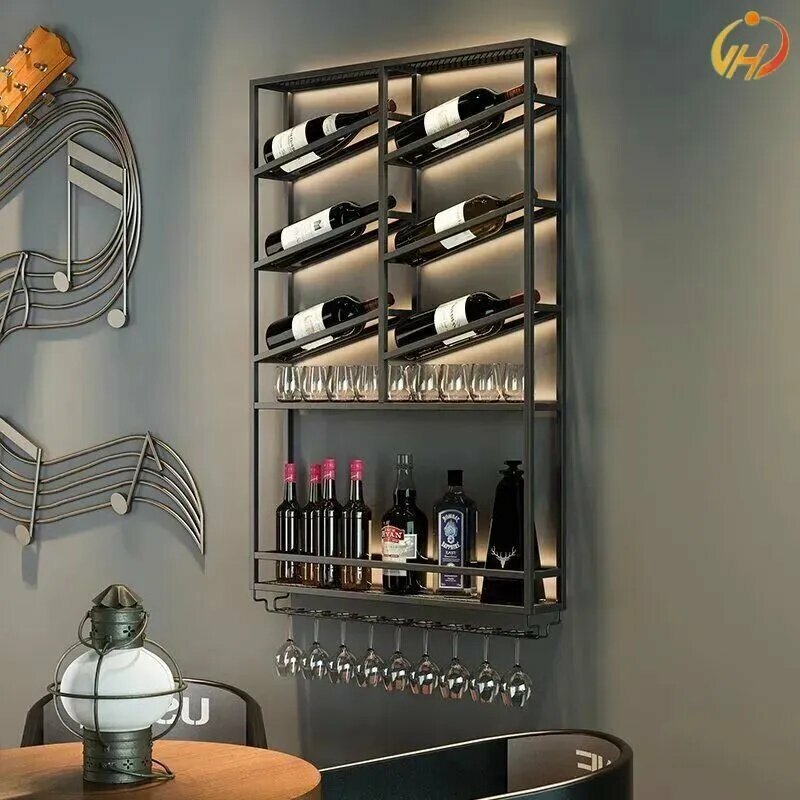 Стильная настенная винная полка в скандинавском стиле с держателями для бокалов (100x68x11 см, кованый металл), черный1,68*11*100cm