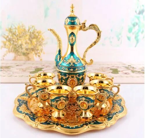 Кофейный сервиз из металла с и бирюзовой эмалью, набор, цвет золотистый