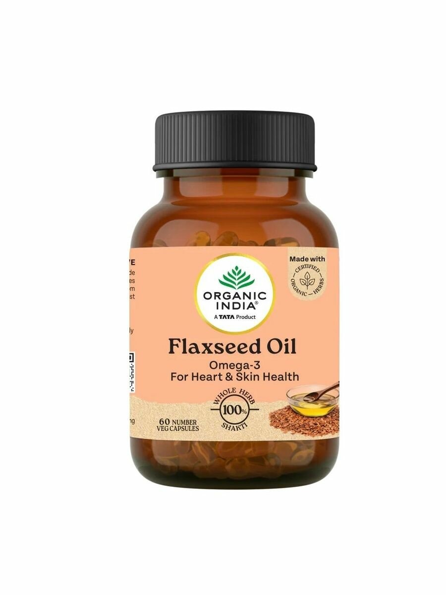 Льняное масло, омега 3 Органик Индия (FlaxSeed Oil Organic India) для здоровья сердца, 60 капсул.