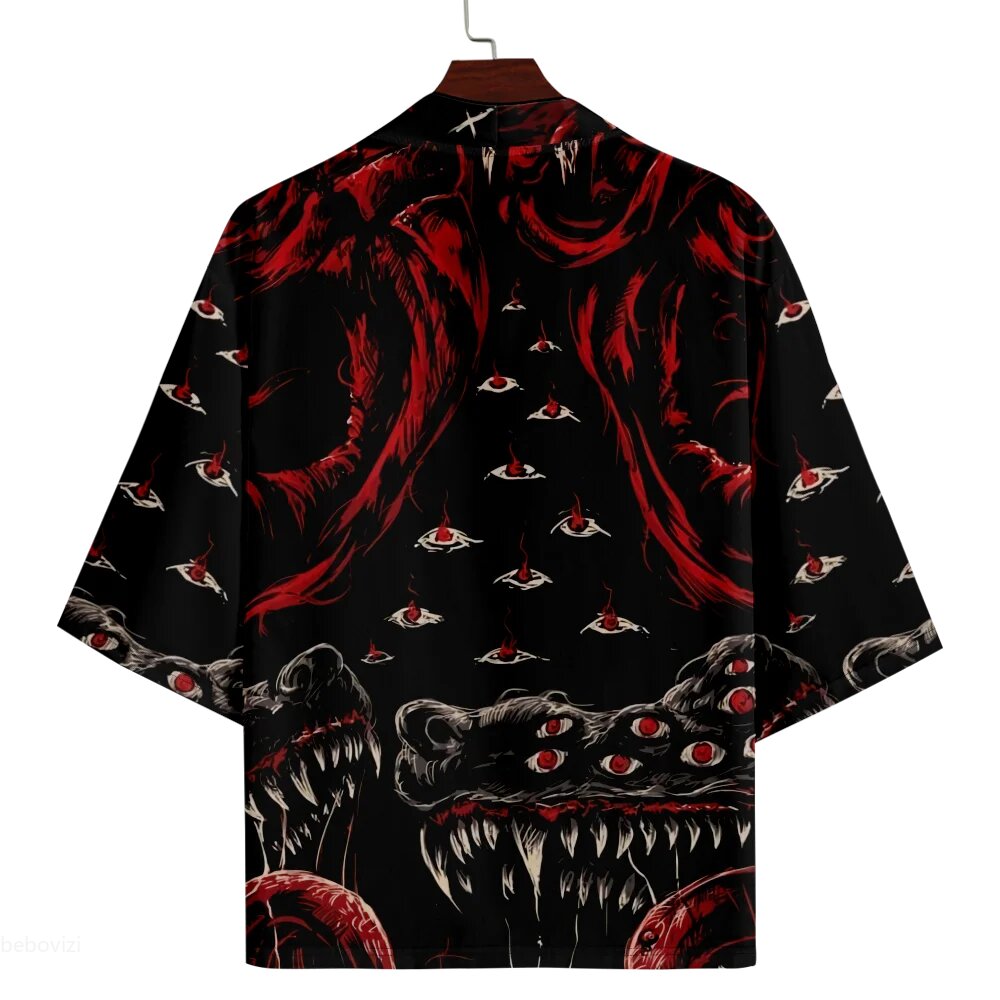 Женское хаори кимоно с принтом глаз из полиэстера и спандекса Черный, L, QL87242A04-tops