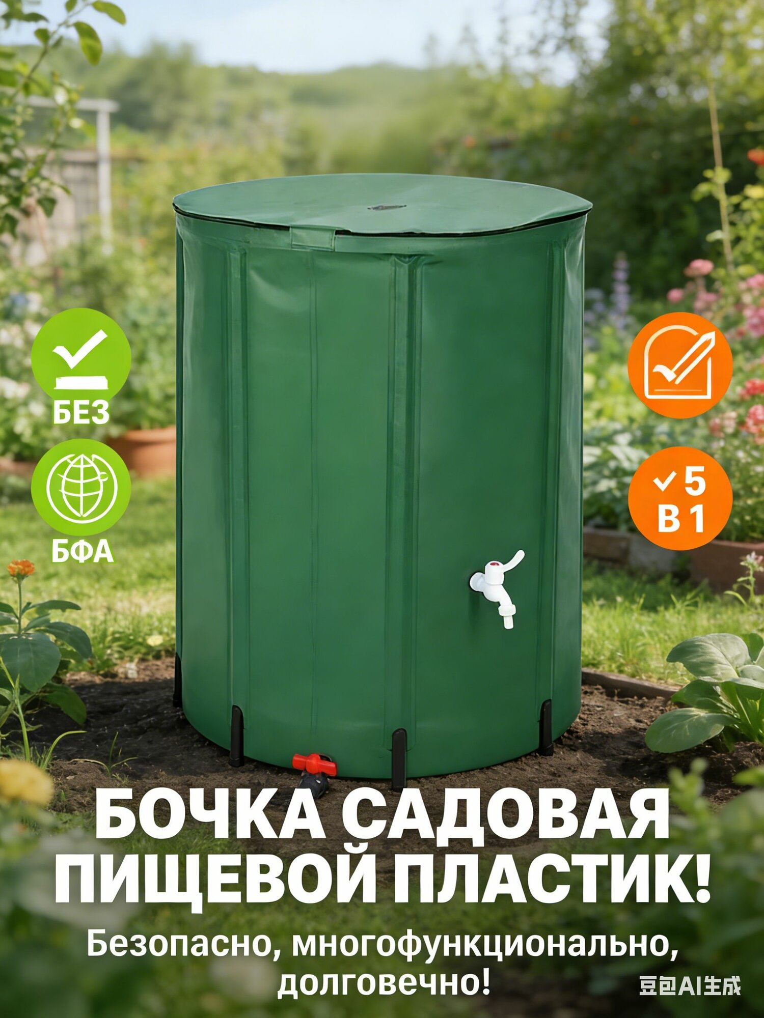 Садовый бак 200л пищевой пластик с краном