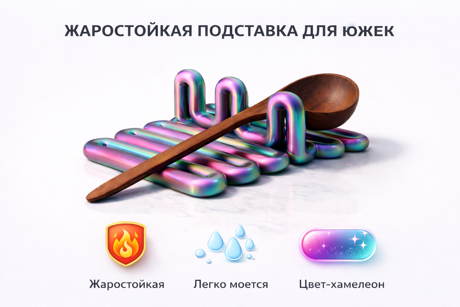 Подставка для ложки кухонная силиконовая | держатель для ложки и половника | подставка под ложку на стол | цвет хамелеон металлик