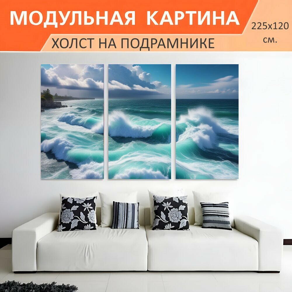 Модульная картина на холсте "Пейзаж моря с бушующими водами и тучами" триптих на подрамнике 225х120 см. для интерьера
