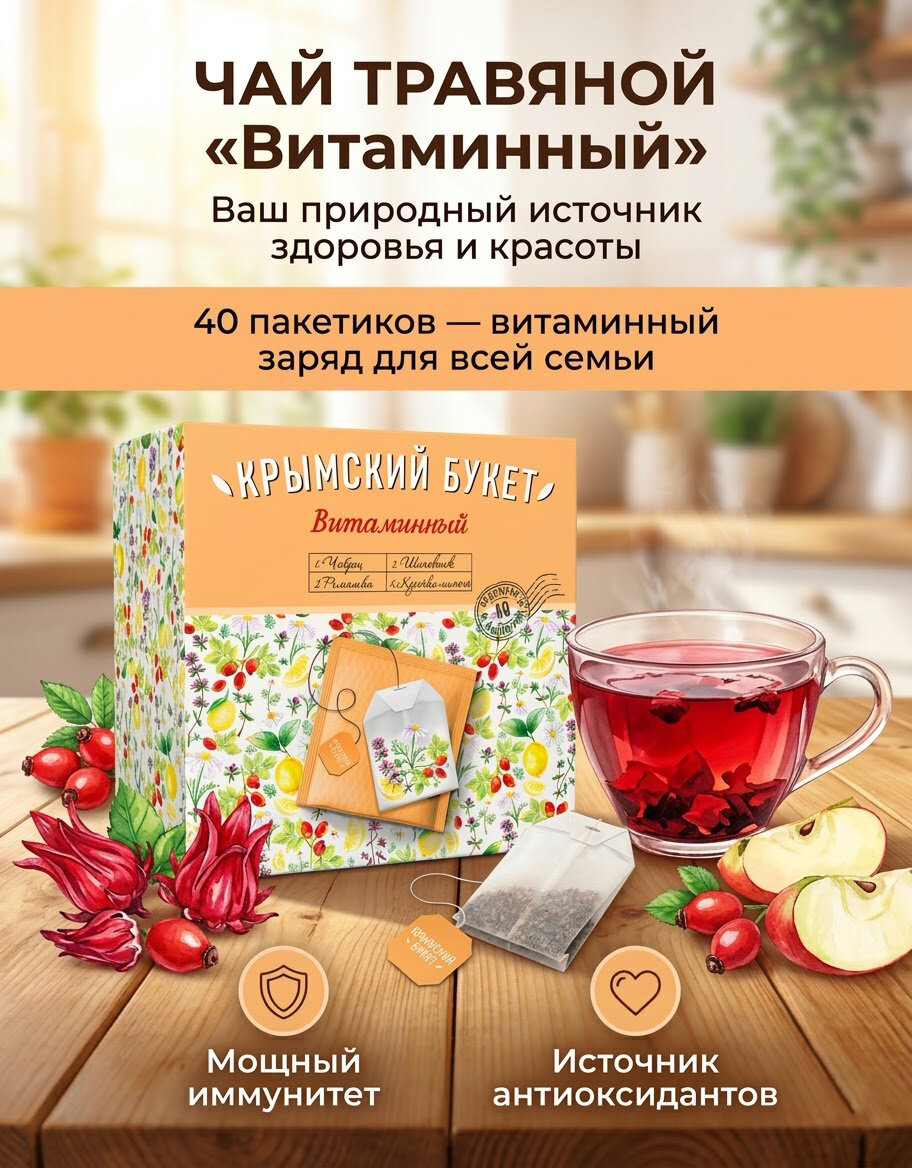 Чай травяной в пакетиках Витаминный 40 шт / Крымский букет / С шиповником и гибискусом / Фиточай для иммунитета