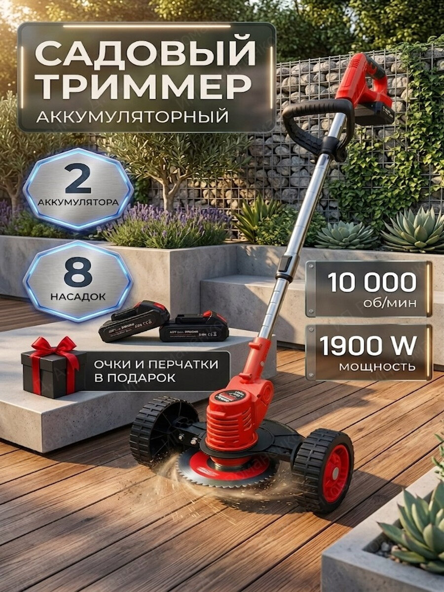 Аккумуляторный триммер садовый мощный с 2 аккумуляторами для газона травы косилка