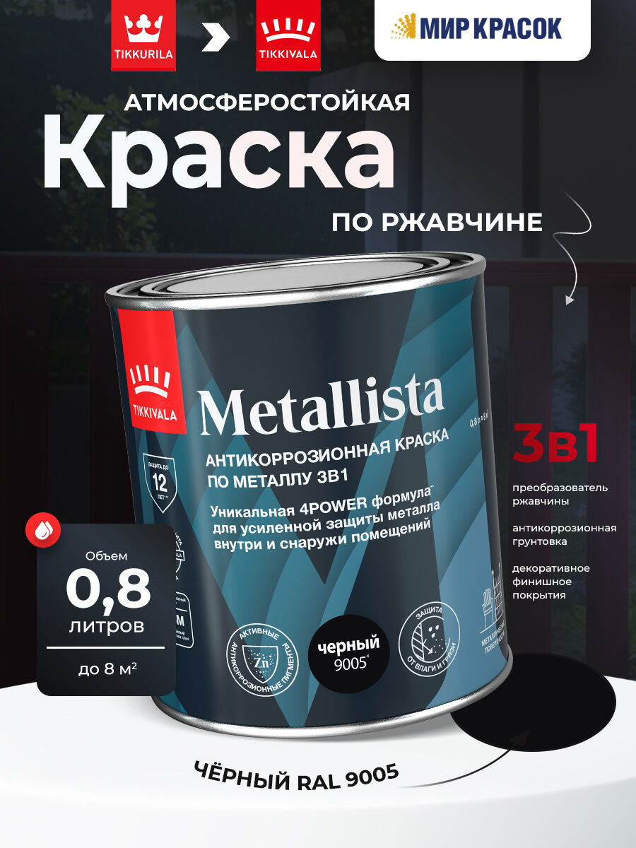 TIKKURILA METALLISTA краска по ржавчине 3 в 1 глянцевая, черный (0,8л) new