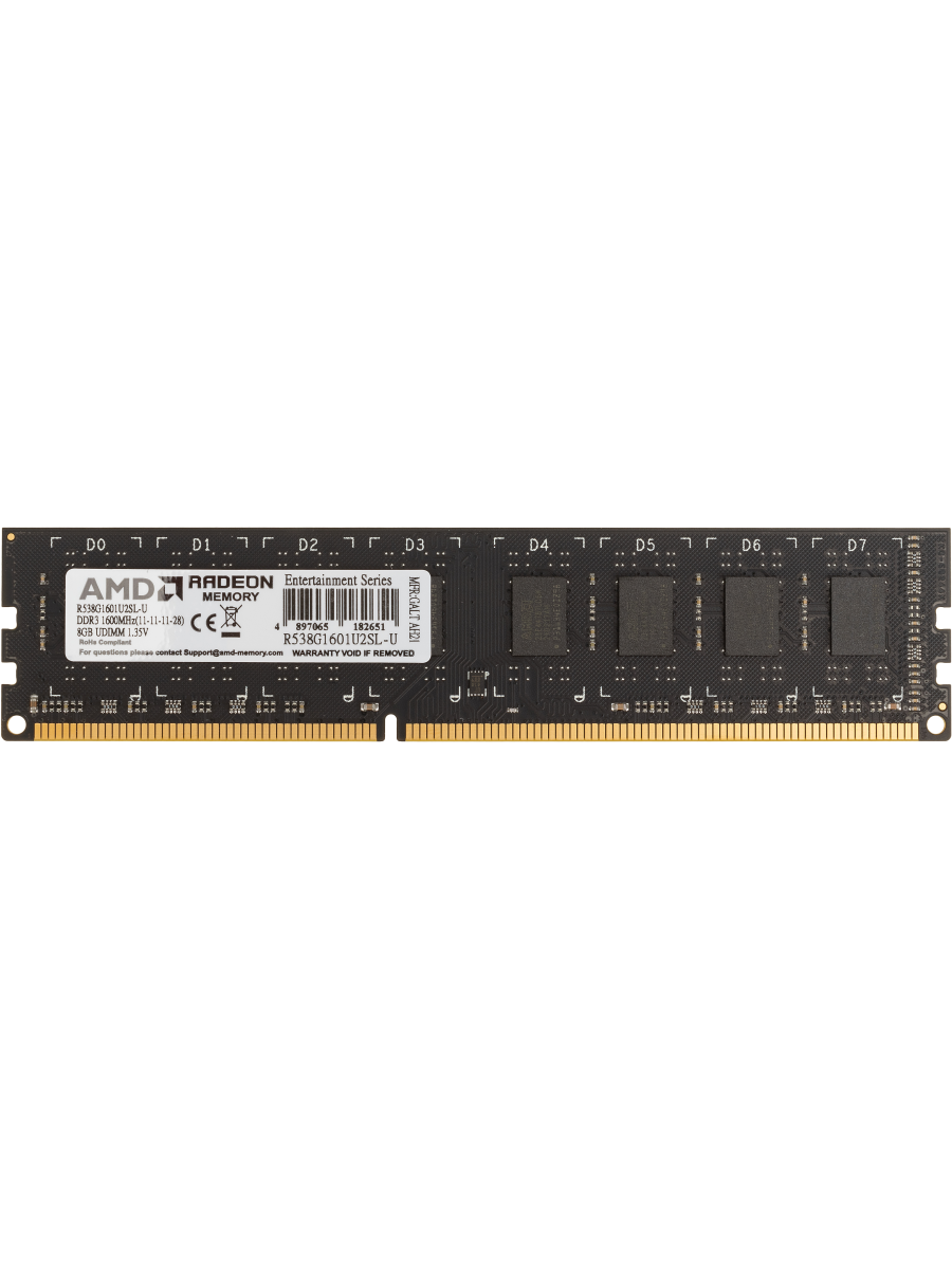 Память DDR3L 8GB 1600MHz AMD R538G1601U2SL-U RTL PC3-12800 CL11 DIMM 240-pin 1.35В RTL