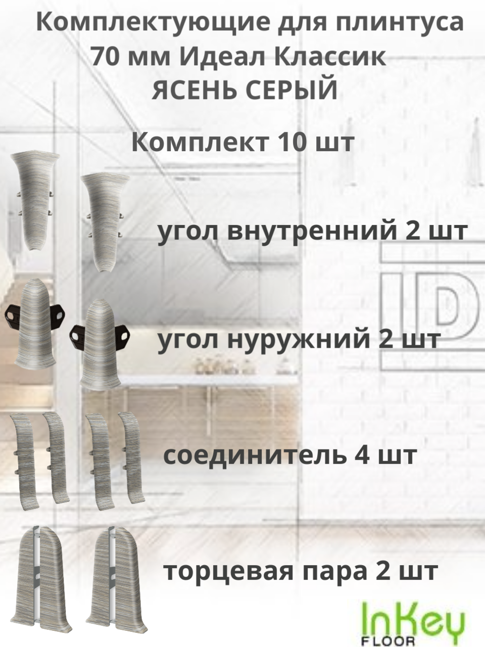 Комплектующие для плинтуса 70 мм цвет Ясень Серый комплект из 12 штук