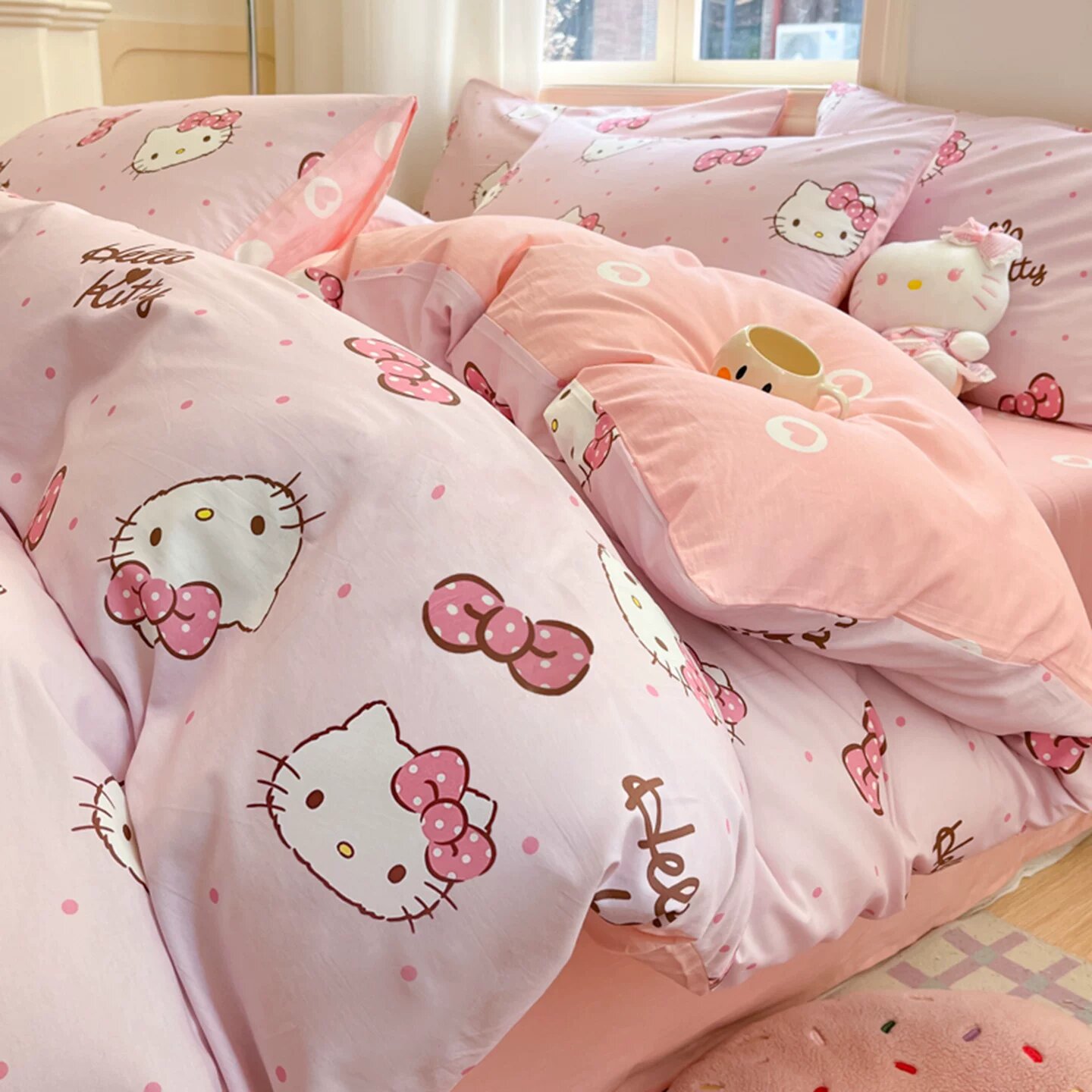 Пододеяльник из чистого хлопка, цельный, с изображением котенка Hello Kitty, для девочек, 150x200x230, полностью