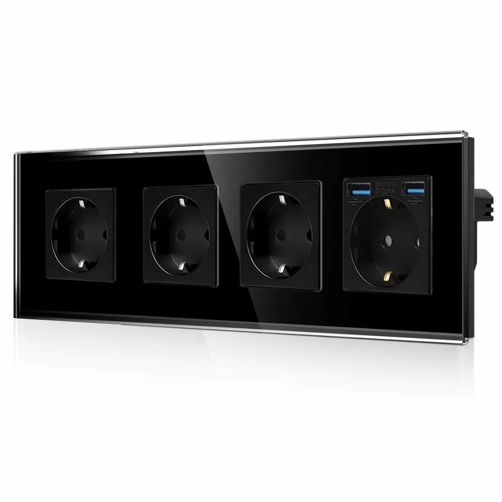 Розетка четверная с 2 USB-портами 2.1A , черный закаленное стекло, заземление.