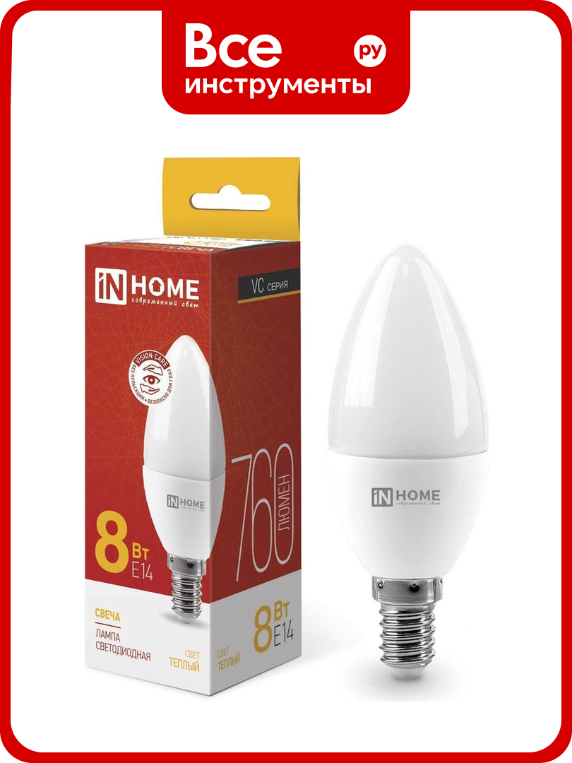 Светодиодная лампа IN HOME LED-СВЕЧА-VC 8Вт 230В Е14 3000К 760Лм 4690612020426