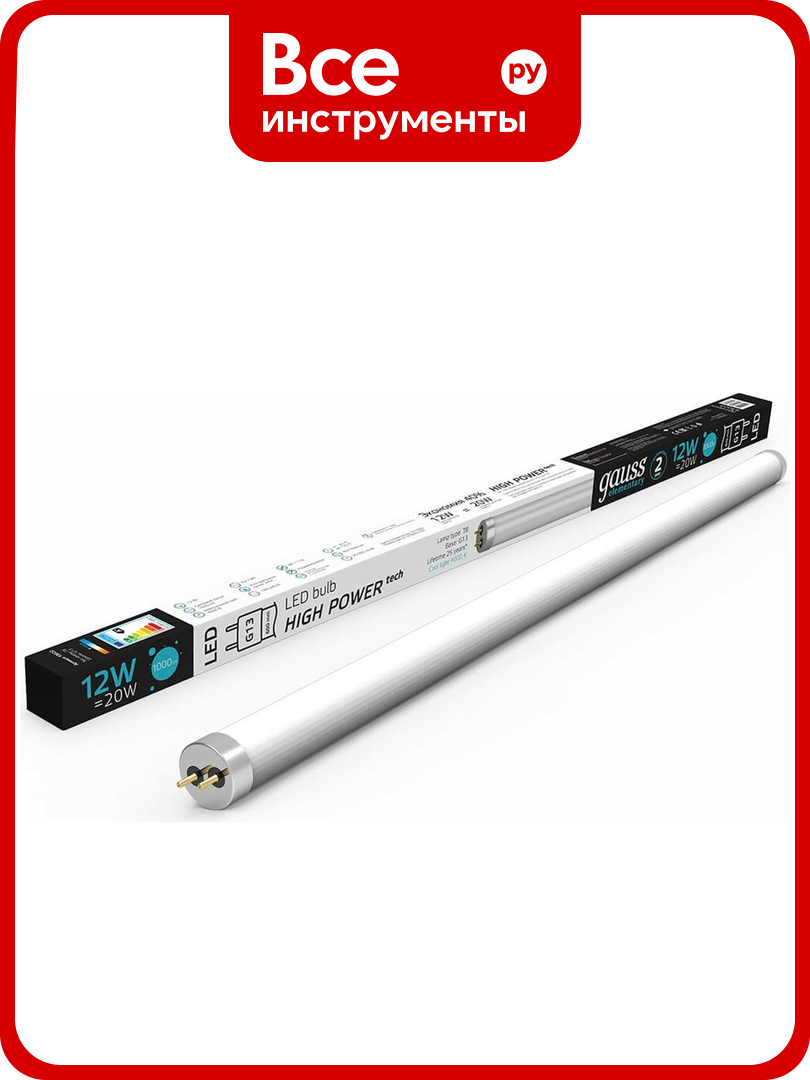 Лампа Gauss Elementary T8, 12W, 1000lm, 4000K, G13, 600mm, стекло, LED, 1/20 93022