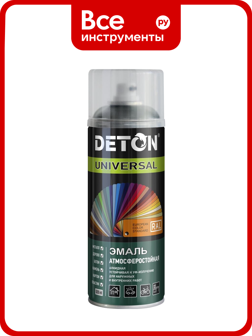 Эмаль DETON алкидная, атмосферостойкая, графитовый, RAL 7043, аэрозоль 520 мл DTN-A70880, применяется