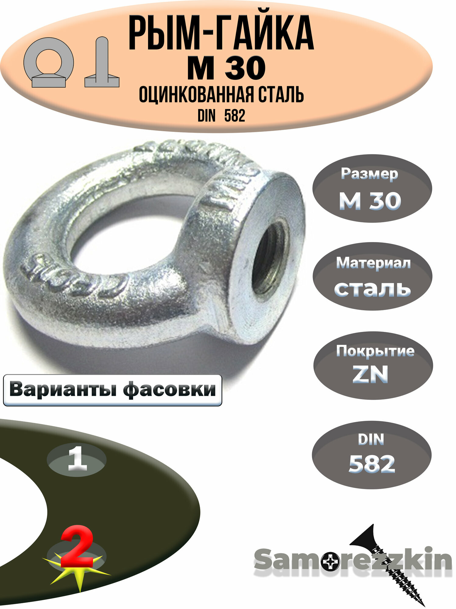 Рым-гайка DIN 582 М30, оцинкованная сталь, для надежного крепежа