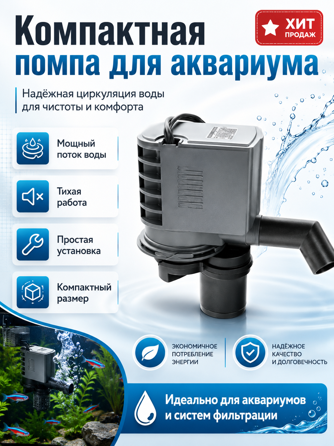Погружная помпа для аквариума JUWEL600L, 600 л/ч, 7 Вт, тихая и эффективная