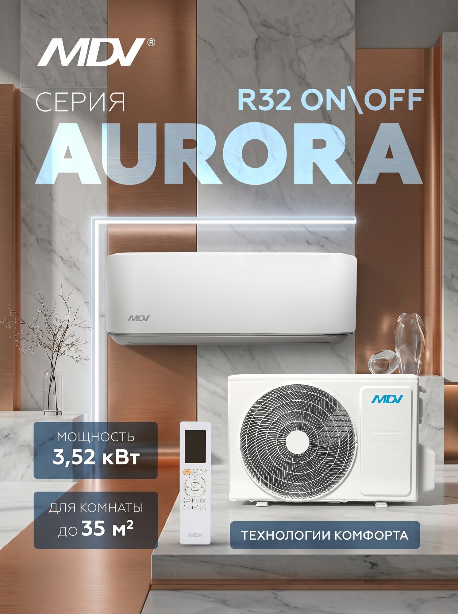 Кондиционер, сплит-система MDV серия Aurora Desing On/Off 12 (кондиционер настенный) MDSA-12HRN8/MDOA-12HN8