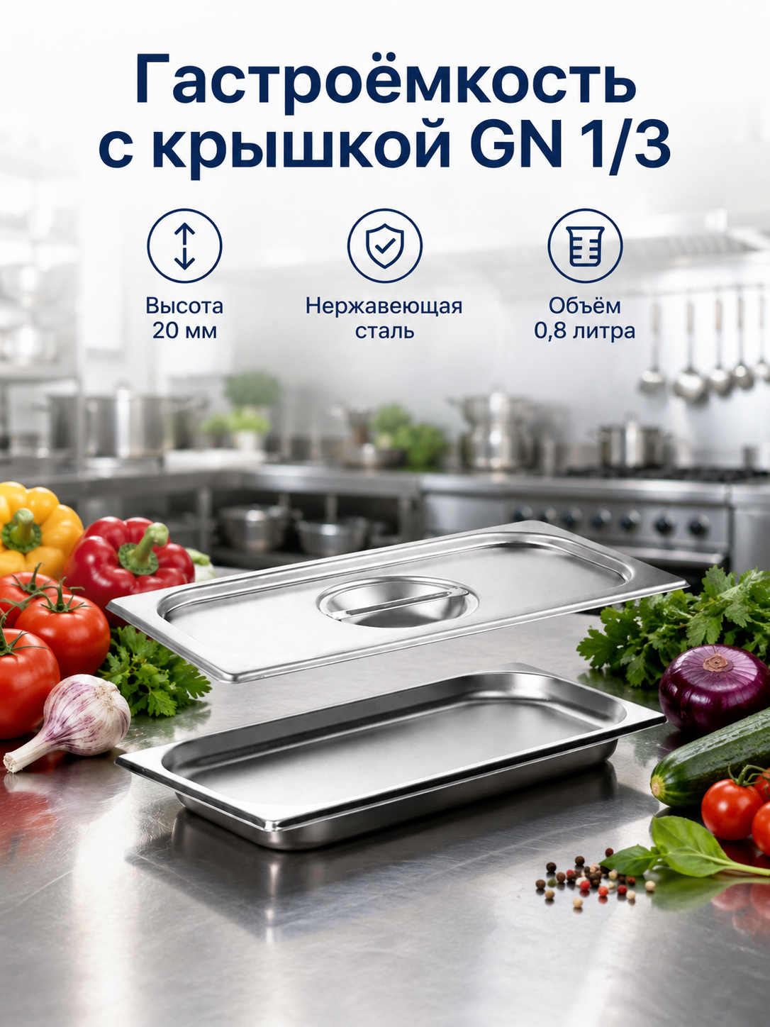 Гастроемкость GN 1/3 20 мм с крышкой, нержавеющая сталь