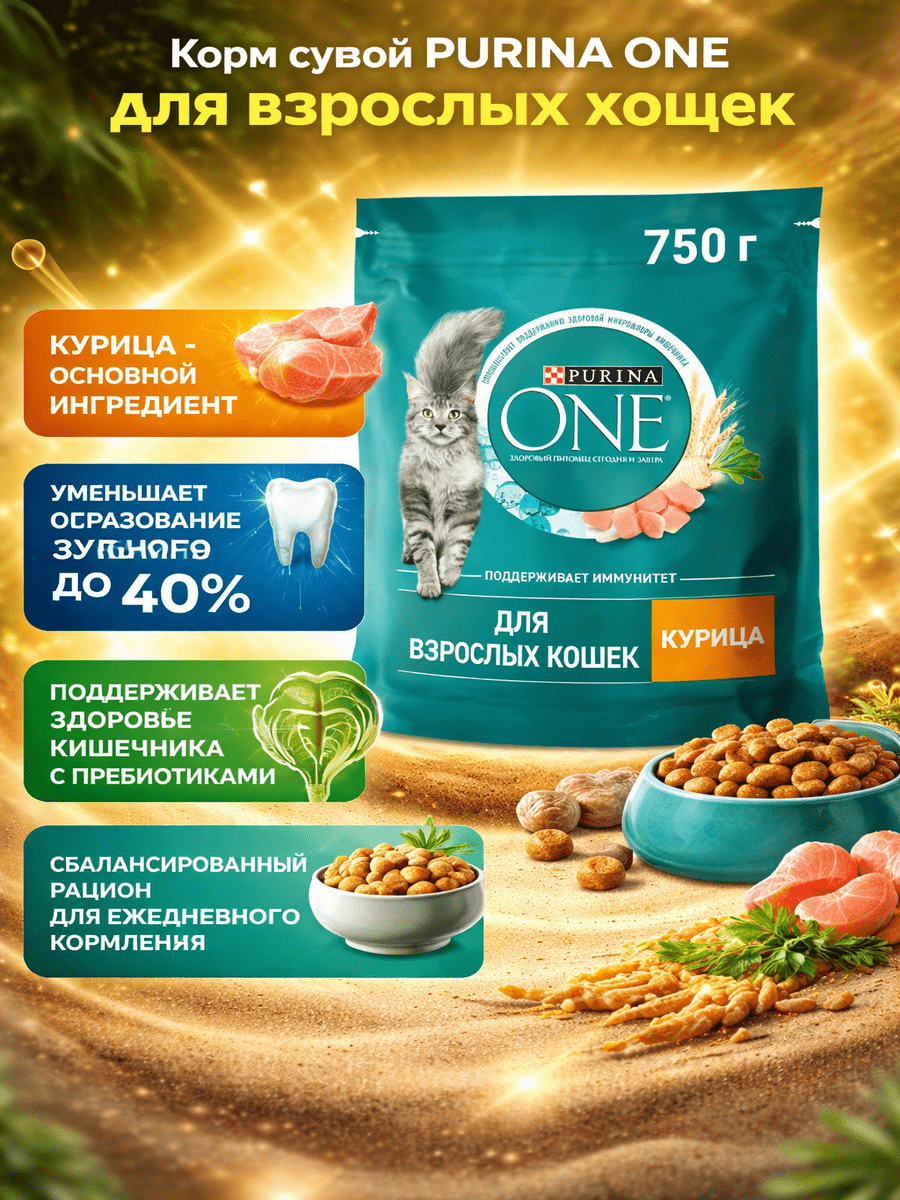 Корм сухой Purina One для взрослых кошек с курицей и цельными злаками, 750г