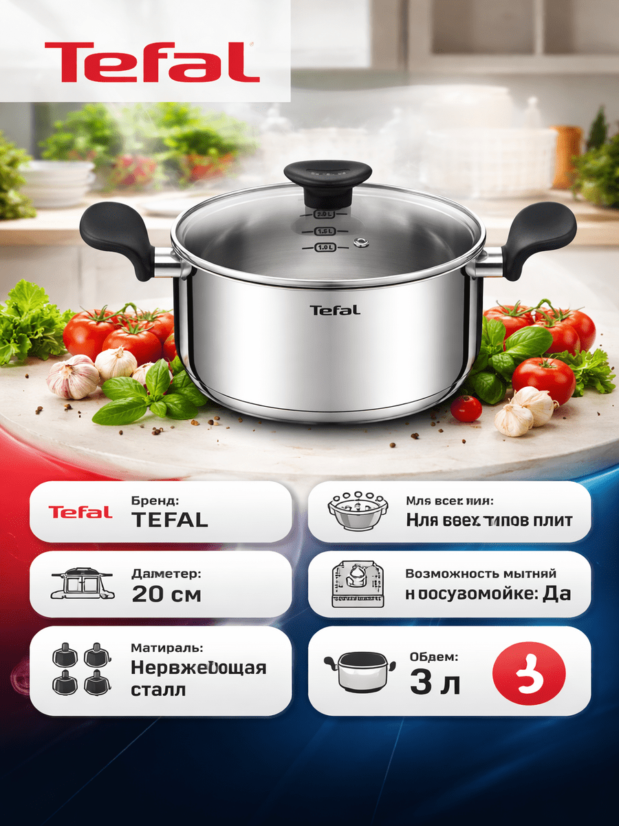 Кастрюля с крышкой Tefal Primary 3л, 20см