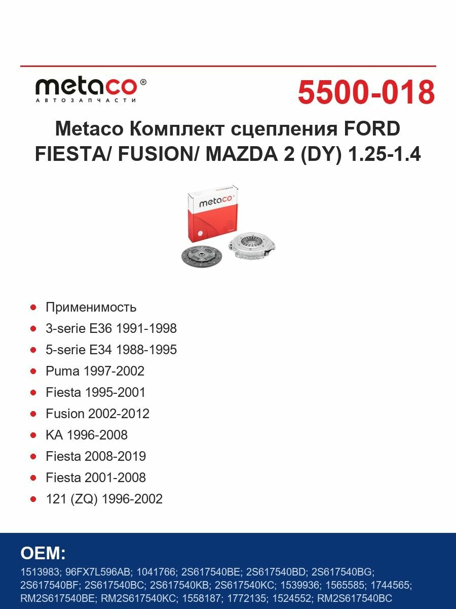 Metaco Комплект сцепления FORD FIESTA/ FUSION/ MAZDA 2 (DY) 1.25-1.4