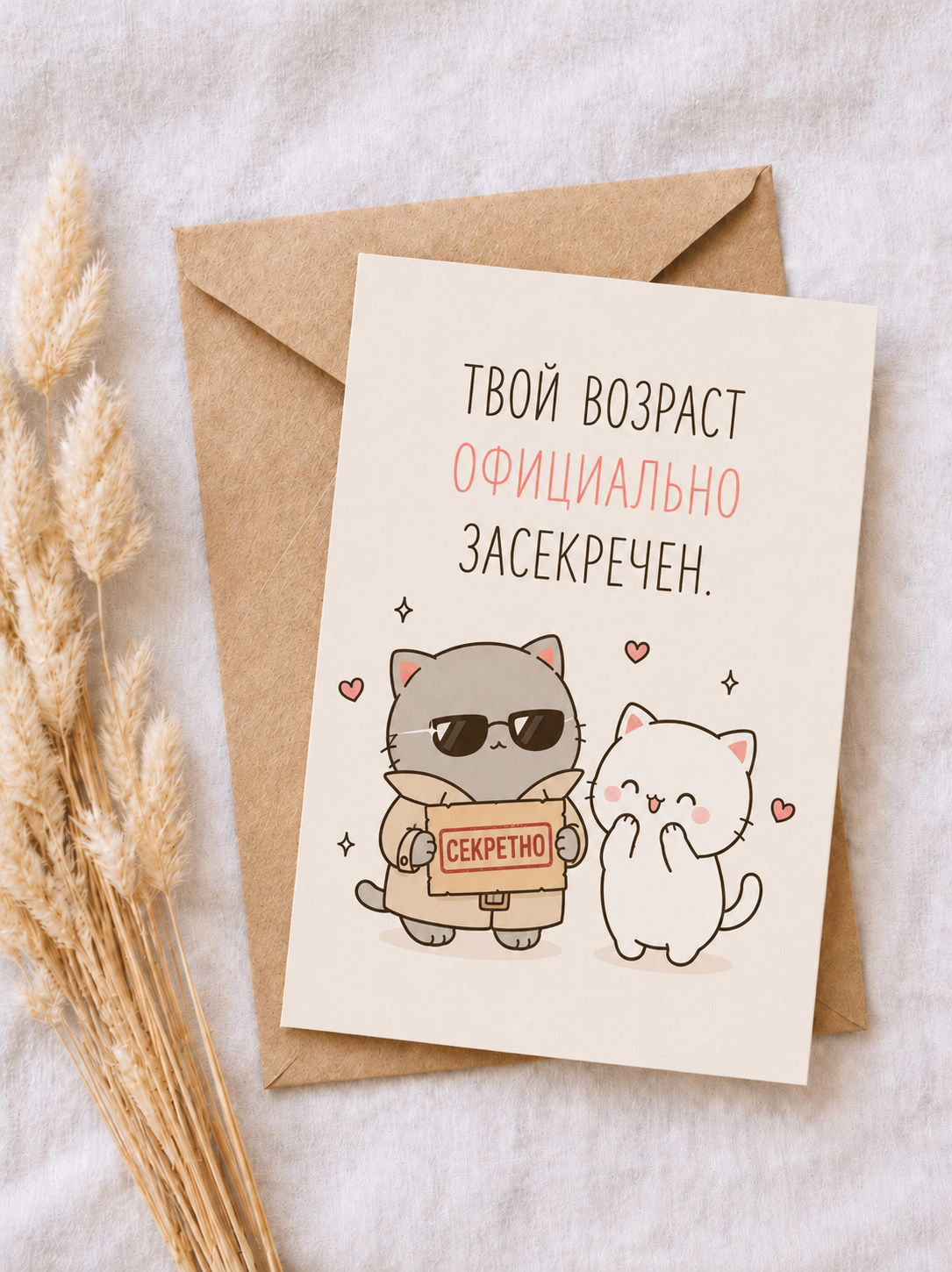 Открытка «С Днём Рождения» женщине 10х15 с крафт-конвертом, котики, юмор про возраст
