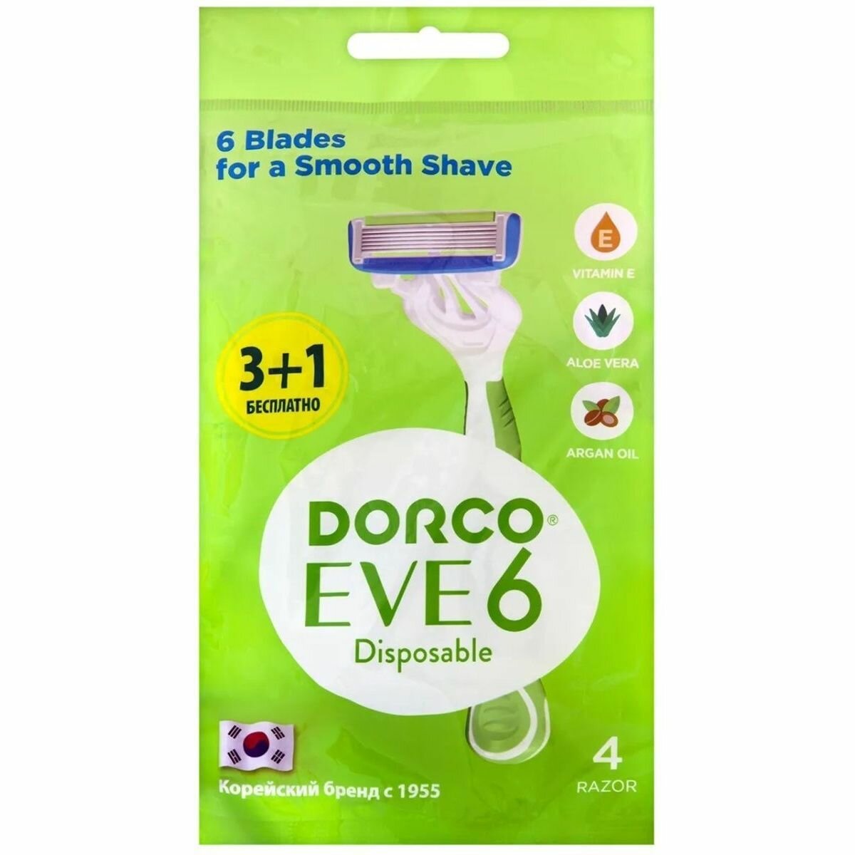 DORCO Женский станок для бритья одноразовый, Еve 6, плавающая головка, увлажняющая полоса, 3+1 шт, 6 лезвий