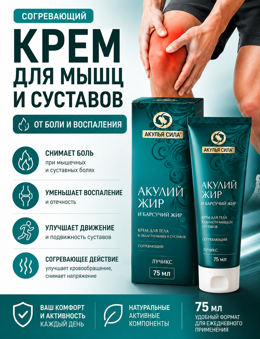Акулья сила. Крем от судорог и онемения. Мазь от мышечных спазмов, невралгии. Акулий жир, барсучий жир. 75 мл / лучикс