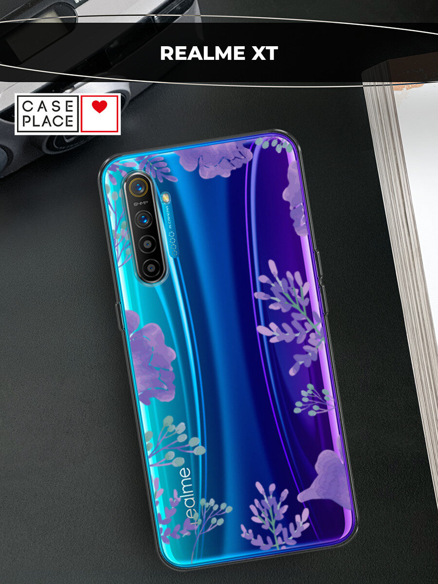 Чехол на Realme XT / Реалми XT с принтом Сиреневая цветочная рамка, прозрачный