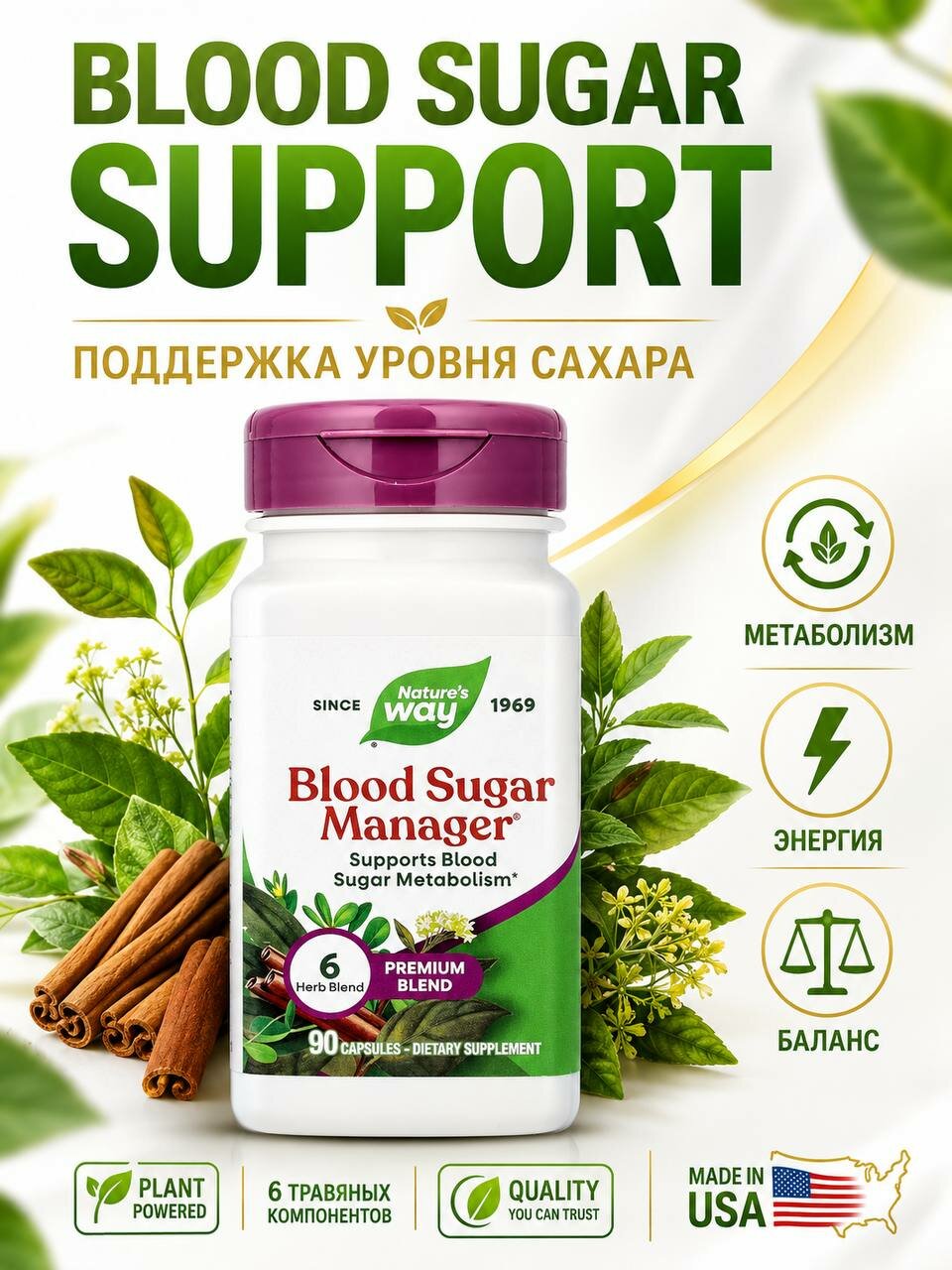 Комплекс для контроля сахара, Blood Sugar Support, 90 капсул