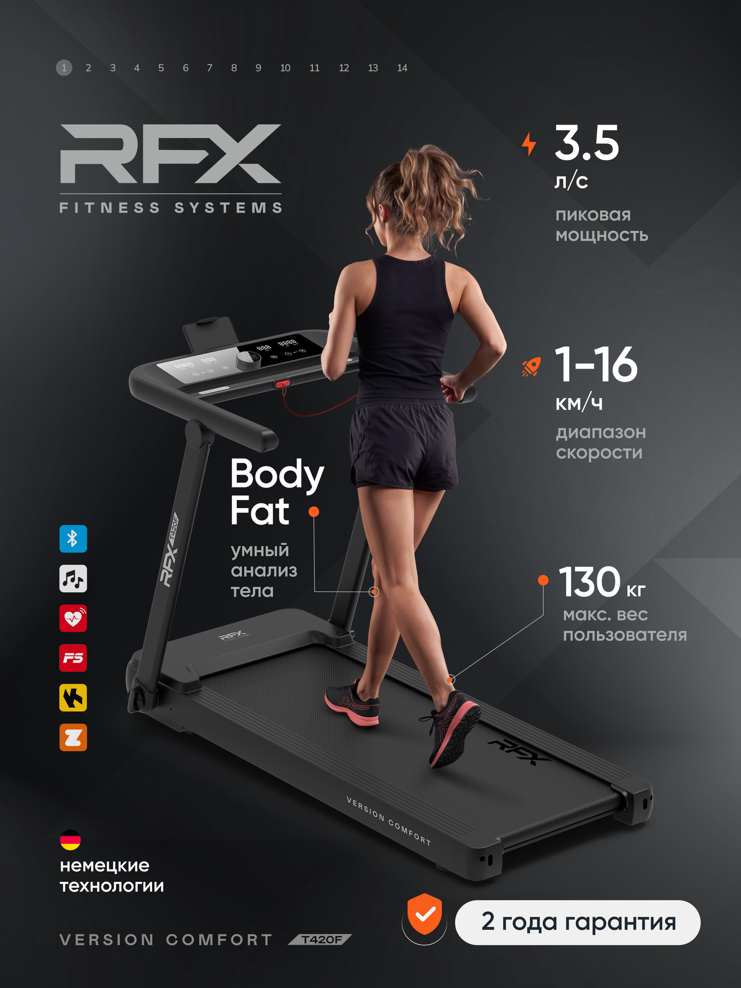Беговая дорожка RFX T420F, электрическая, складная, для дома, 130кг, 14 программ