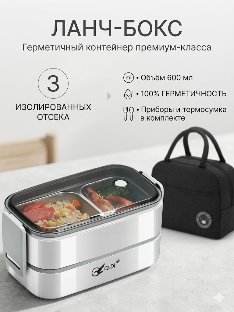 Контейнер для еды (Ланч-бокс) с термосумкой, герметичный,600мл