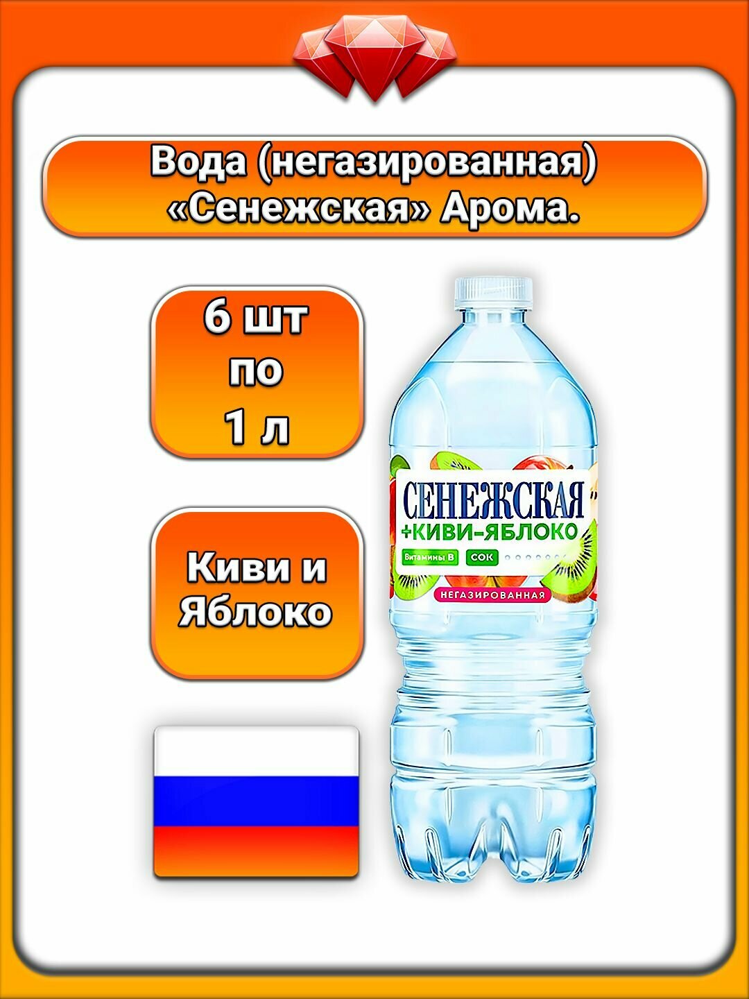 (6 x 1 л) / Сенежская, Негазированная вода, Киви-яблоко, освежающий вкус, низкое содержание сахара, для всей семьи, поддержание водного баланса, повседневное употребление