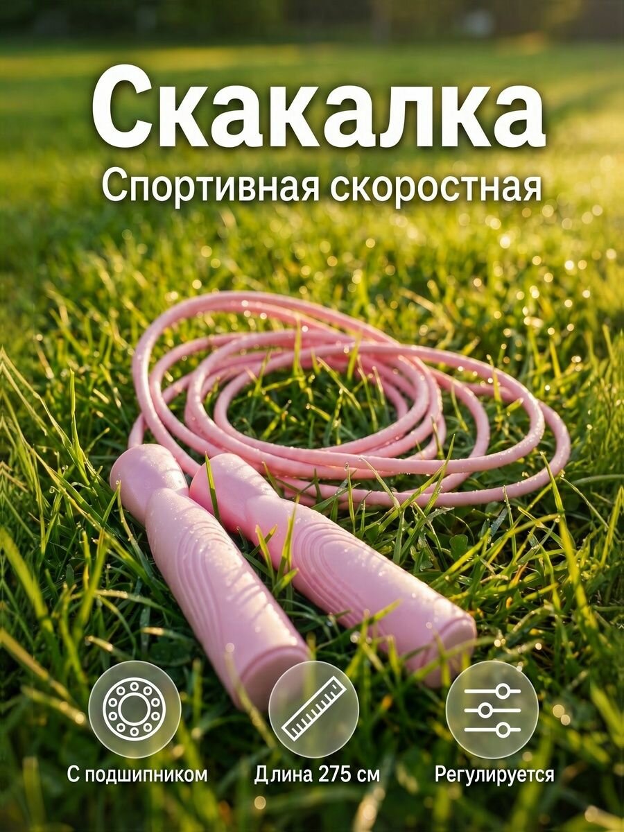 Скакалка спортивная скоростная с подшипником 2.7 метра, розовая