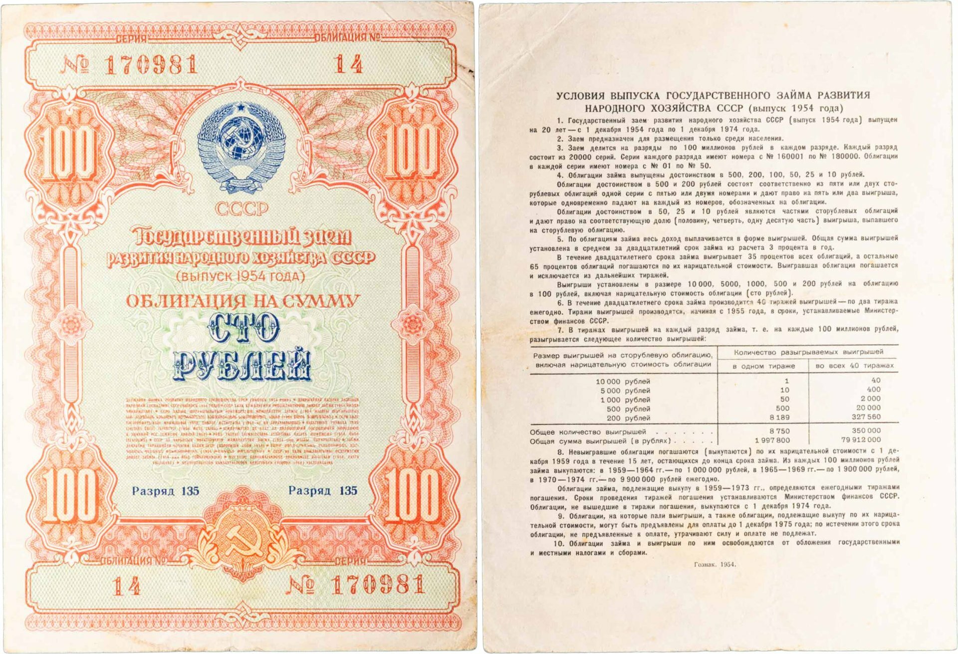 Облигация 100 рублей 1954 Государственный заем развития народного хозяйства СССР