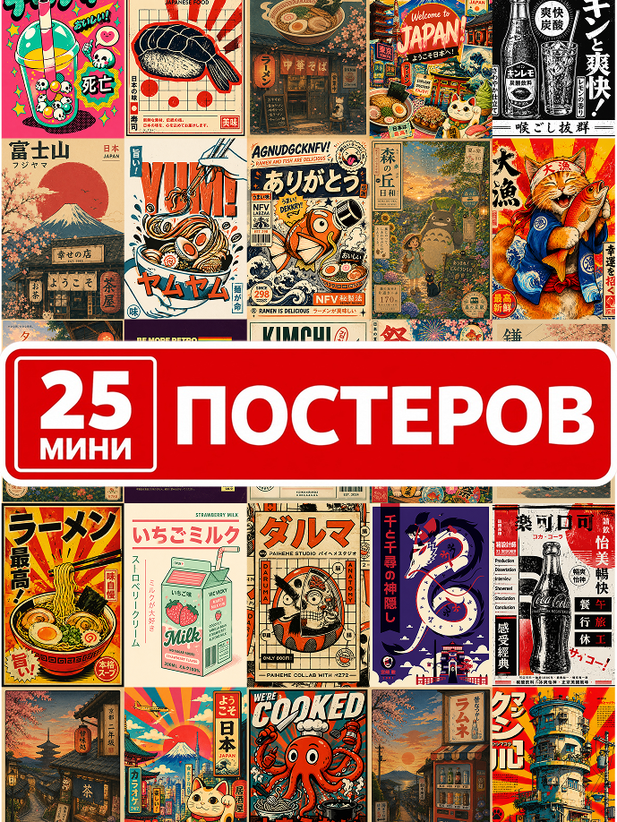 Набор мини-постеров в японском стиле 25 шт, карточки А6 10×15 см, плотность 230 г/м²