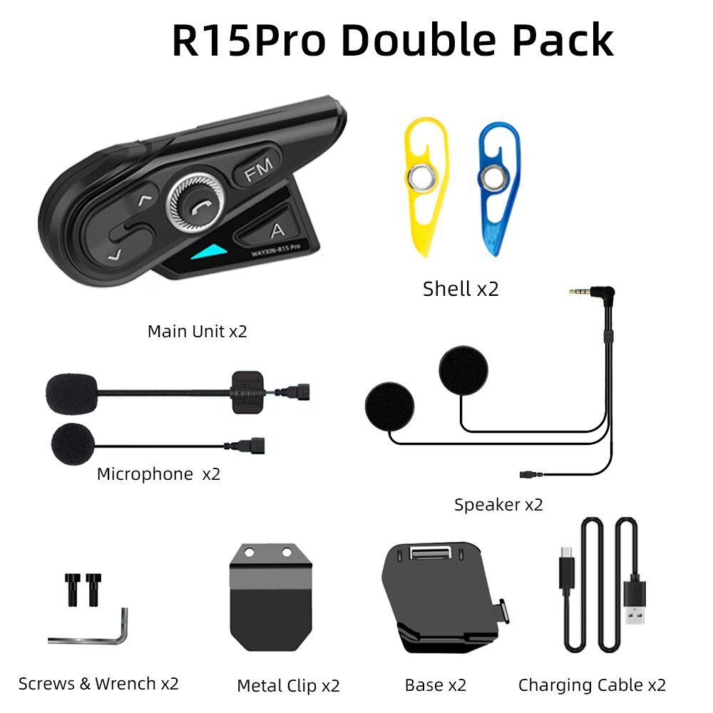 Мотогарнитура WAYXIN R15 Pro: 8-канальный Универсальный Интерком, FM-радио, Double Pack