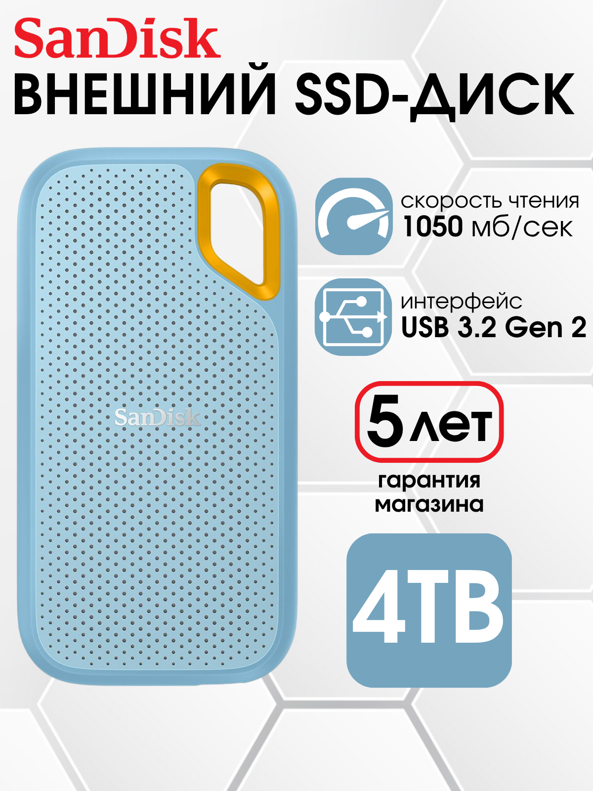 4 ТБ Внешний SSD SanDisk Extreme Portable V2 1050 МБ/сек USB-C, USB 3.2 Gen 2 (SDSSDE61-4T00-G25B) Sky Blue