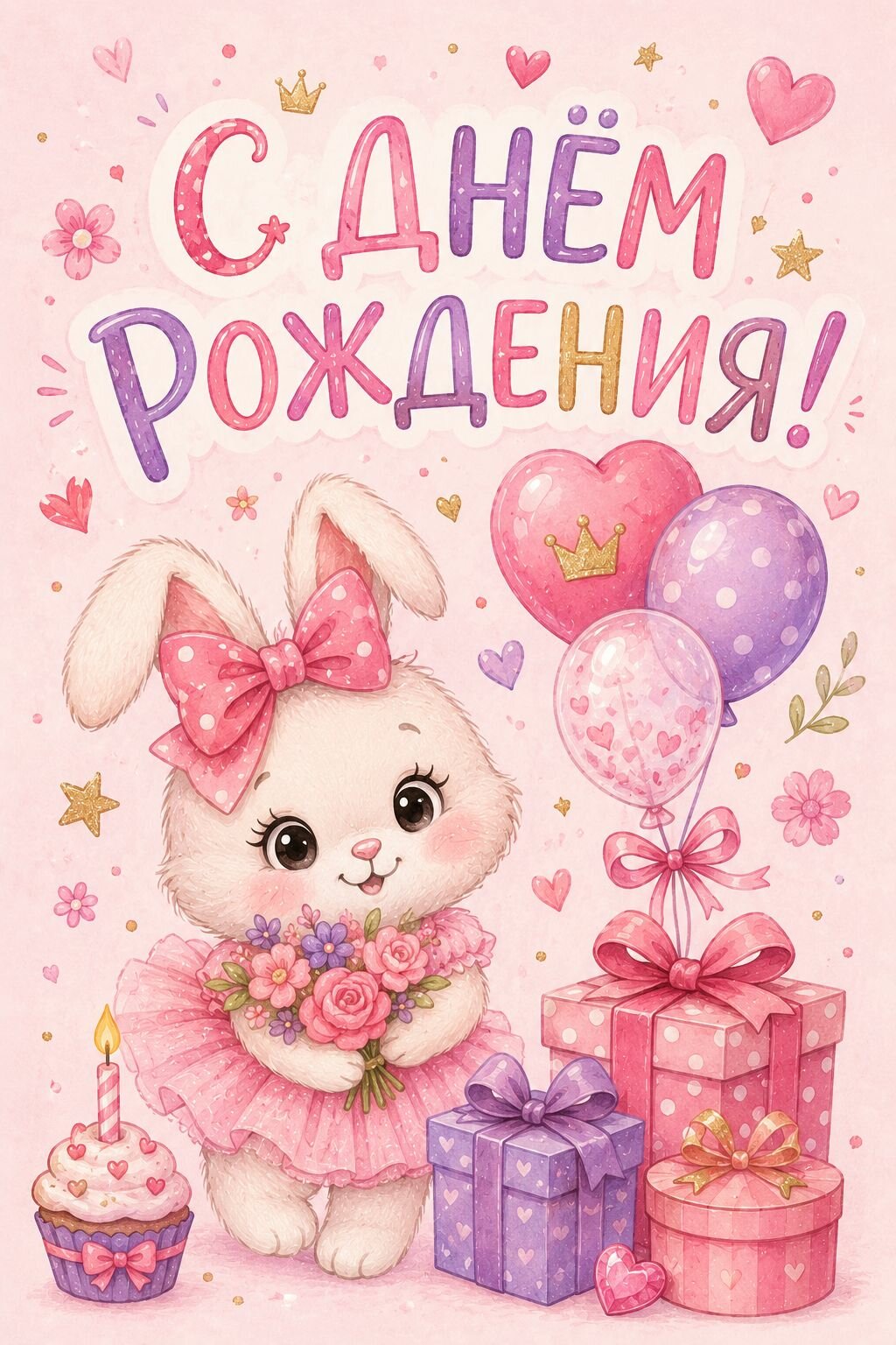 Открытка "С Днём Рождения" плотный картон, 10,5 см x 14,8 см