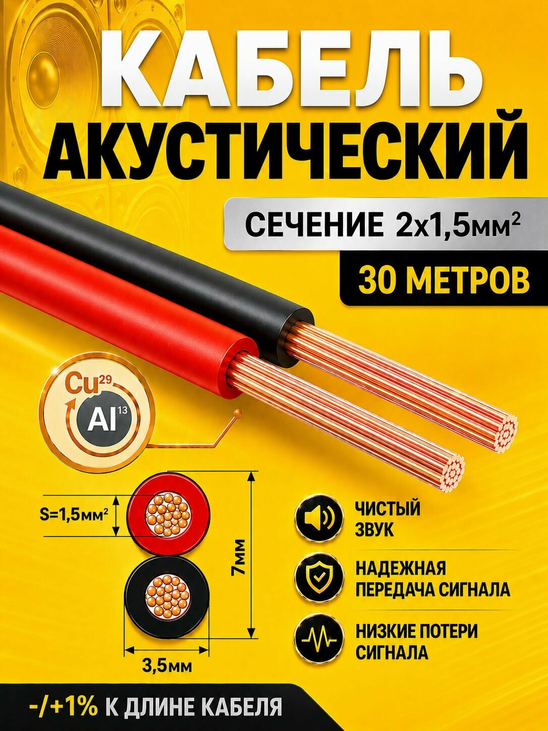 Кабель акустический двужильный 2х1,5 омедненный 30 метров; провода для автозвука; акустический провод швпм