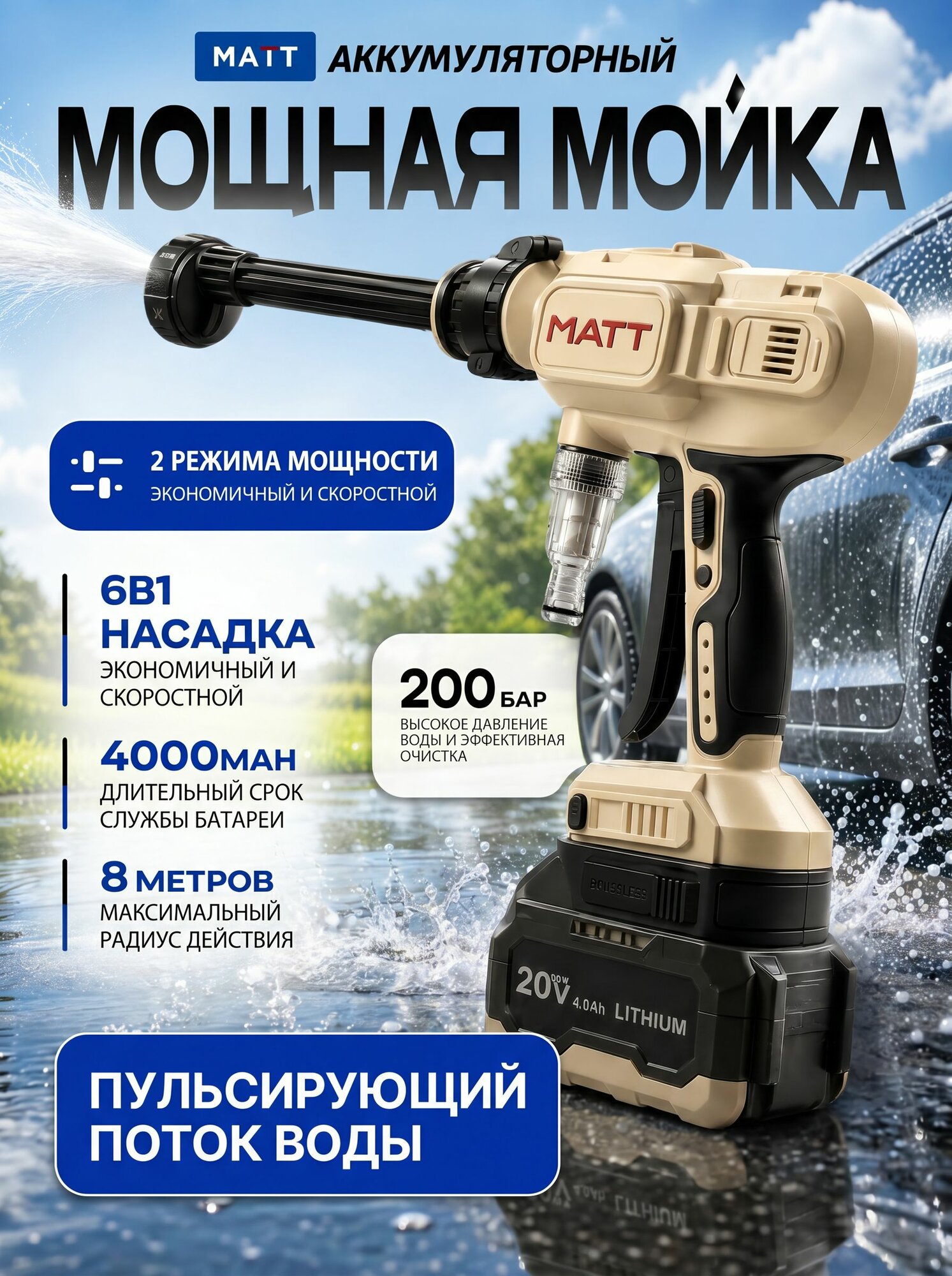 Мойка высокого давления на литиевой батарее, насадка "шесть в одном", радиус действия 8 метров, можно использовать моющее средство, включая 1 аккумулятор и зарядное устройство.