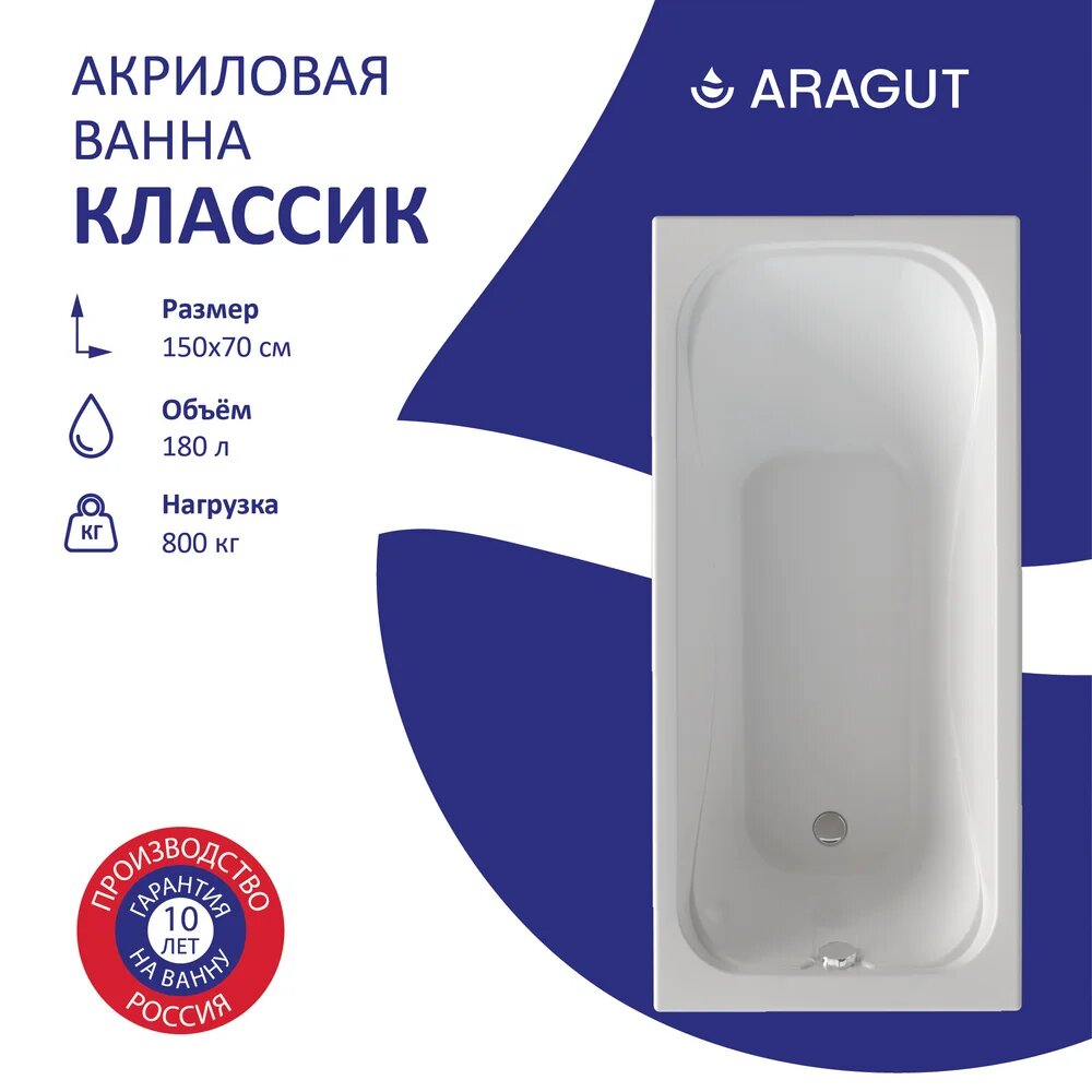Акриловая ванна ARAGUT Классик 149x69, пристенная, белая, глянцевая, прямоугольная, антискользящее покрытие