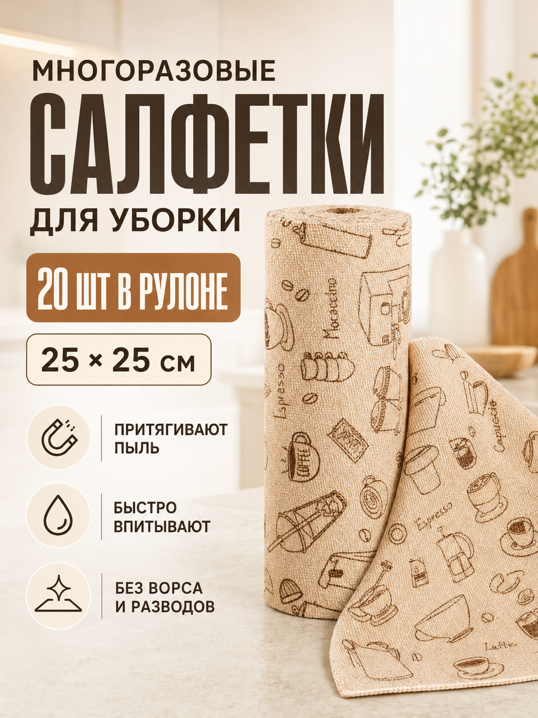 Салфетки для уборки из микрофибры в рулоне 25×25 см, 20 шт, многоразовые, цвет кофе, Фабрика Снов