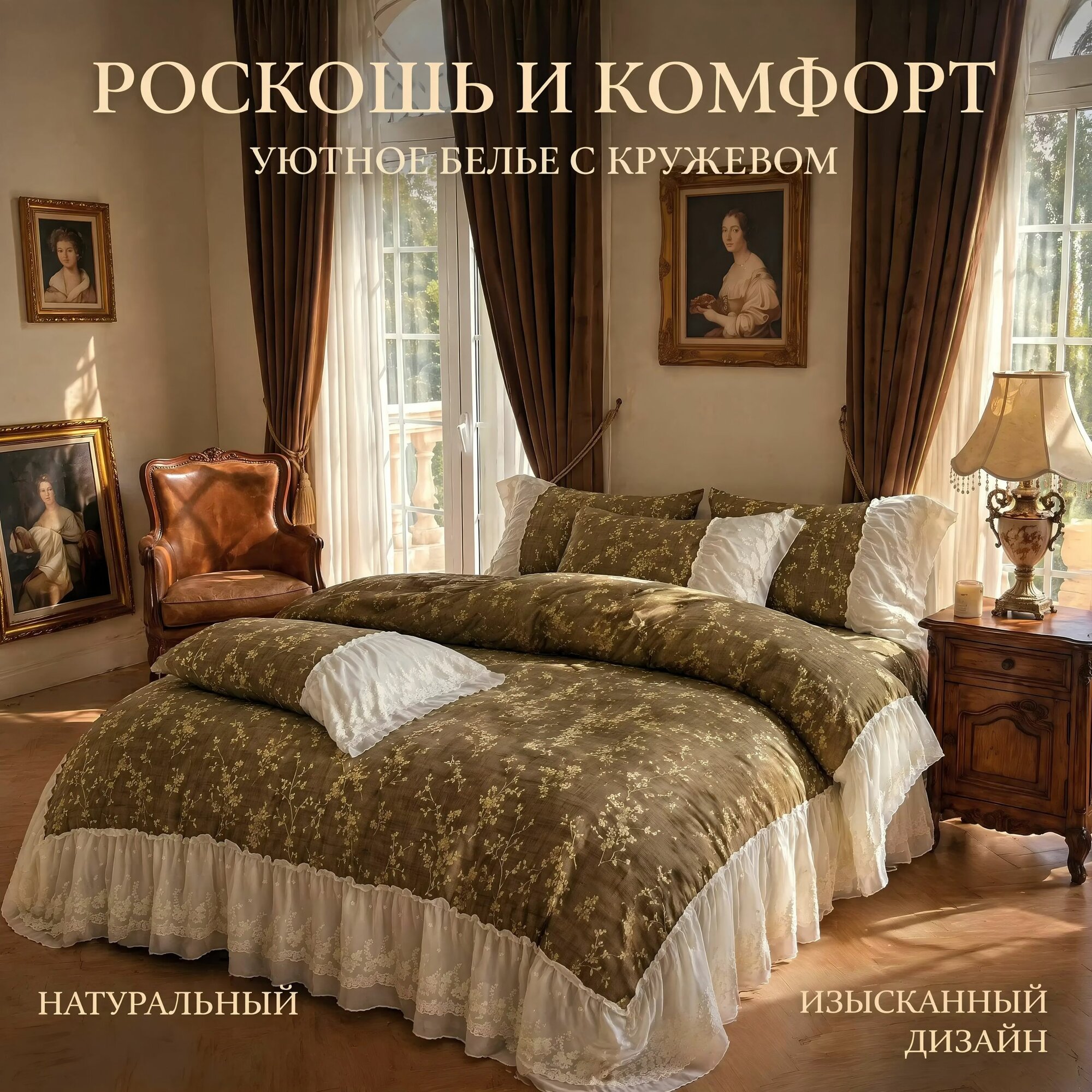 MEHWI HOUSE Комплект постельного белья Евро лён 220x240 см, наволочки 48x74, простыня 240x250 см, цветзеленый